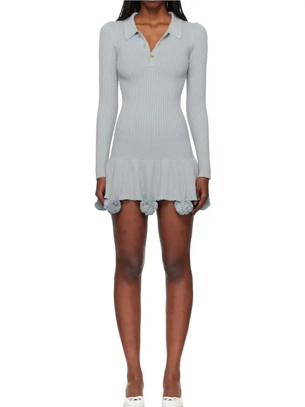CONNER IVES Ribbed Knit Pom Pom Hem Mini Dress - Grey
