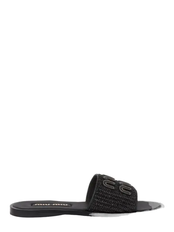 Miu Miu Raffia-effect Woven Fabric Slides With Lettered Logos - Black