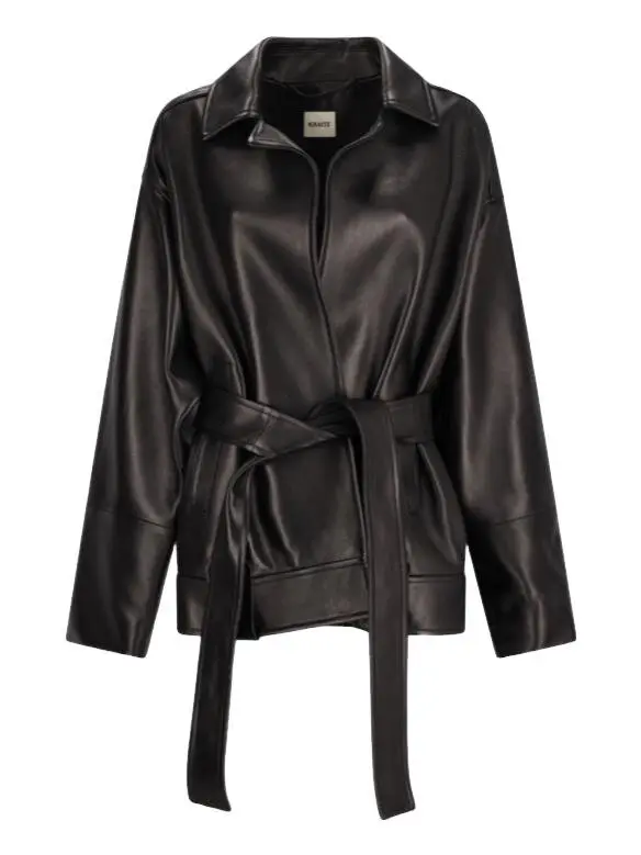 Khaite Collared Leather Jacket With Tie Detail - Black