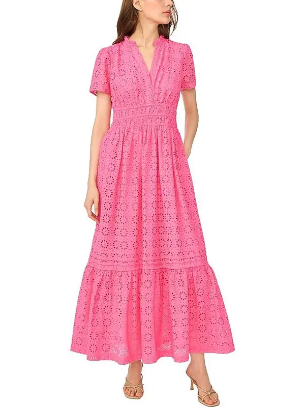 CECE DUPRAZ Eyelet Split Neck Maxi Dress - Azalea