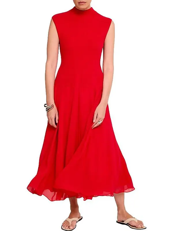 Mint Velvet Sleeveless High Neck Drop Waist Knit Midi Dress - Red