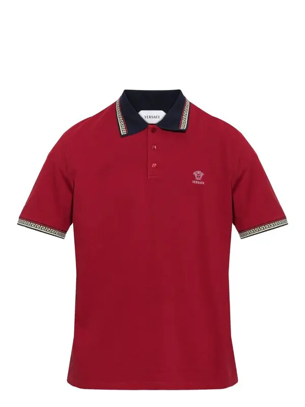 Versace Style Embroidered Medusa Logo Greek Motif Shirt-collar Polo With Three-button Placket - Rosso