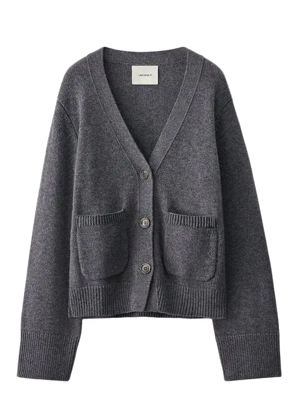 LISA YANG Cashmere V-neck Button-front Sweater With Patch Pockets - Grigio