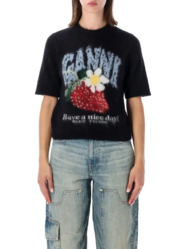 GANNI Strawberry Graphic Short Sleeve Knit Sweater - Nero