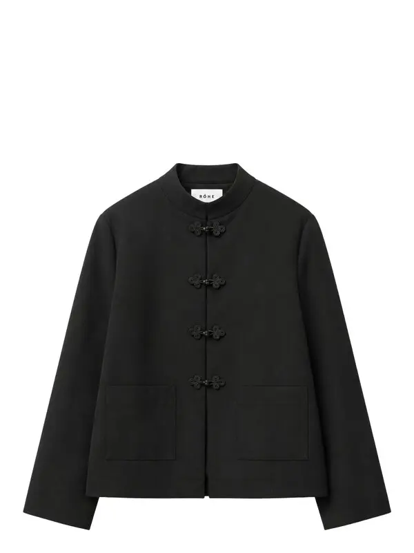 RÓHE Pankou-front Mandarin Collar Wool Jacket With Patch Pockets And Flared Sleeves - Black