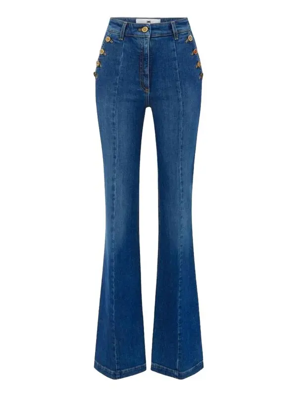Elisabetta Franchi Flared Leg Denim Jeans With Golden Logo Buttons - Blue