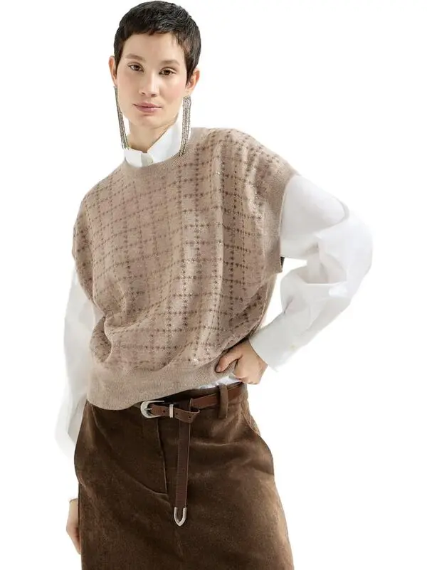 Brunello Cucinelli Cashmere Knit T-shirt With Windowpane Embroidery - Beige