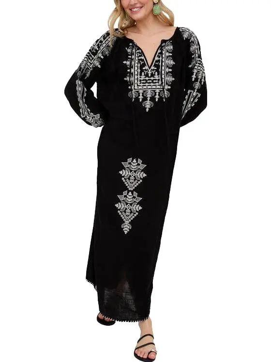 RAFFYA Aurelia Embroidered Kaftan Maxi Dress - Black