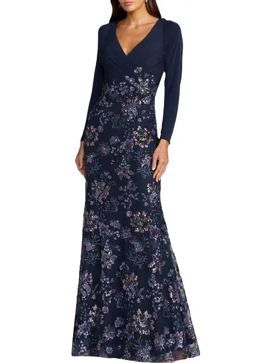 Mac Duggal Floral Embroidered Jersey Long Sleeve Gown - Midnight Multi