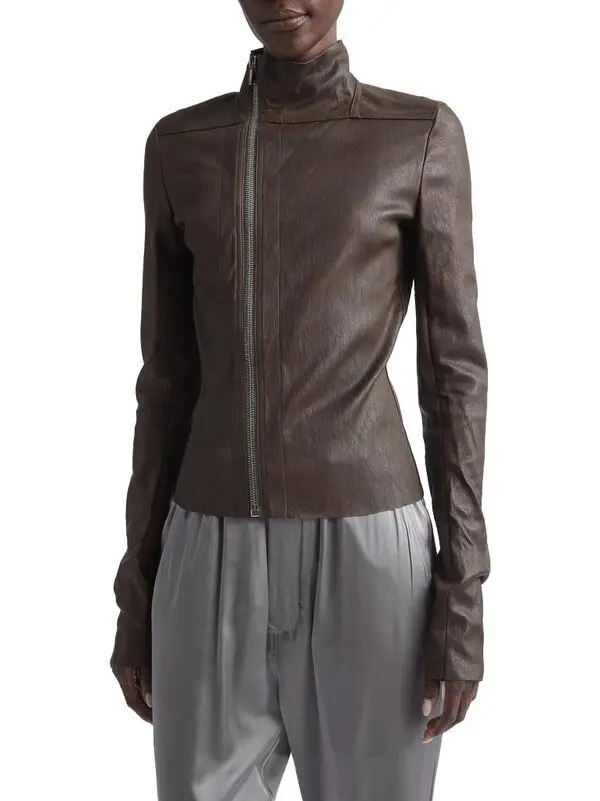 Rick Owens Grained Lambskin Asymmetrical Moto Jacket - Grease
