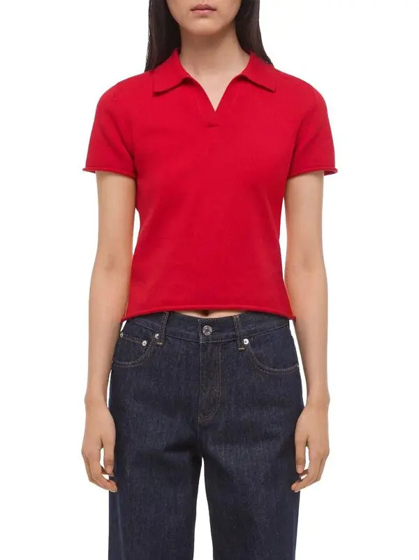 Helmut Lang Shrunken Knit Johnny Collar Polo - Red