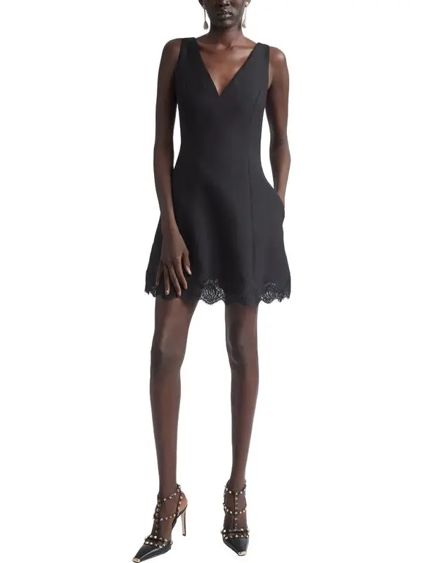 Valentino Garavani Lace Trim Crepe Mini Dress - Black
