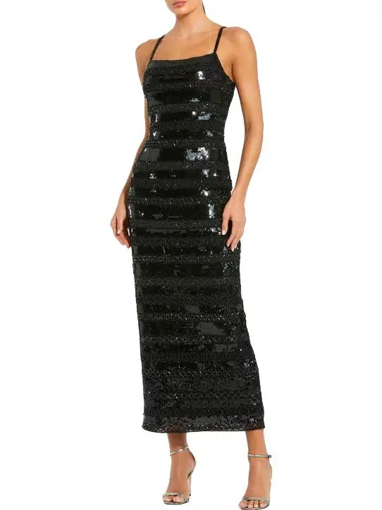 Mac Duggal Sequined Sheath Midi Dress - Black