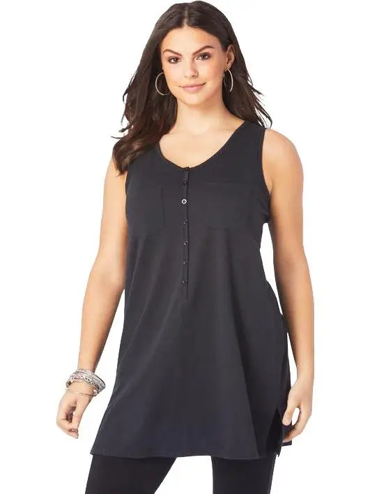 Roaman's Ultimate Henley Tunic Tank - Black
