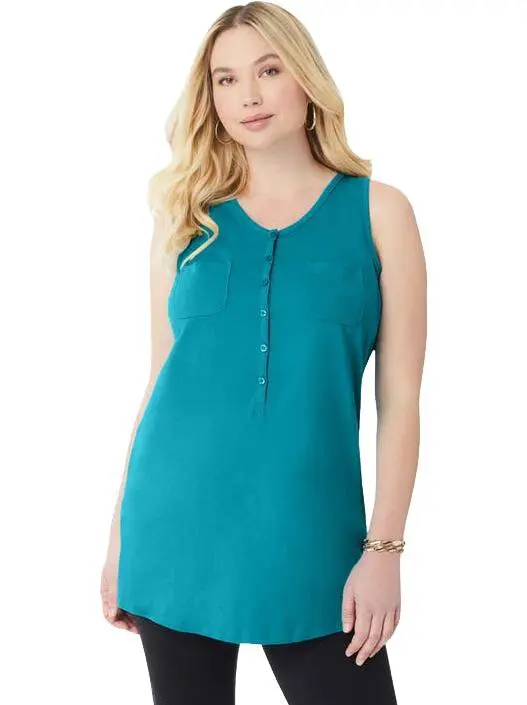 Roaman's Ultimate Henley Tunic Tank - Deep Turquoise