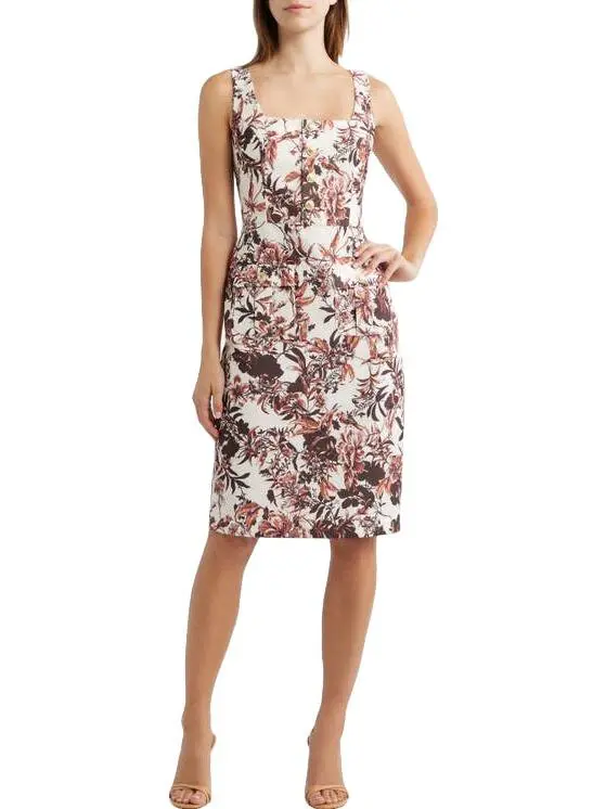 Eliza J Floral Print Square Neck Sheath Dress - Coffee Eggshell