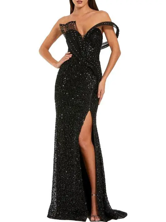 Mac Duggal Petite Sequin Gown With Sculptural Off-shoulder Detail - Black