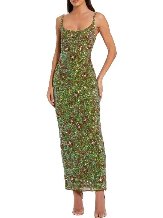 Mac Duggal Embellished Sleeveless Scoop Neck Column Maxi Dress - Olive