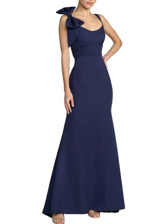 Mac Duggal Petite Sleeveless Crepe Gown With Scoop Neck And Bow Detail - Navy