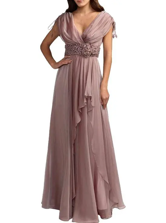 Mac Duggal Beaded Chiffon Gown With Drape Sleeves - Mocha
