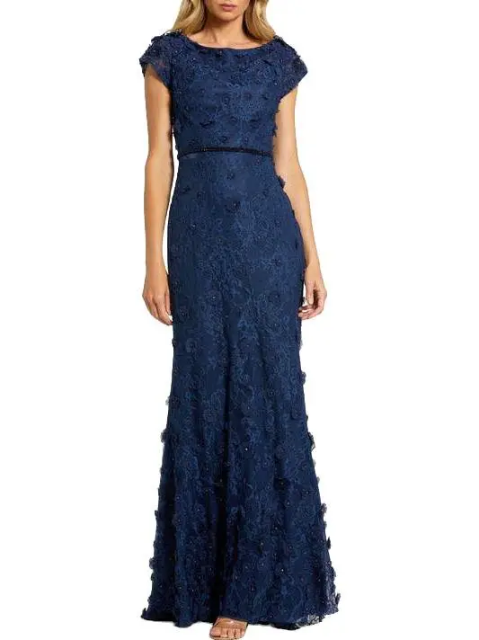 Mac Duggal Petite Floral Appliqué Boat Neck Cap Sleeve Gown - Midnight