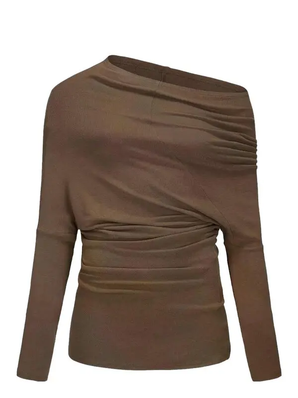 ELYWOOD Asymmetric Draped Off-shoulder Long-sleeved T-shirt - Brown