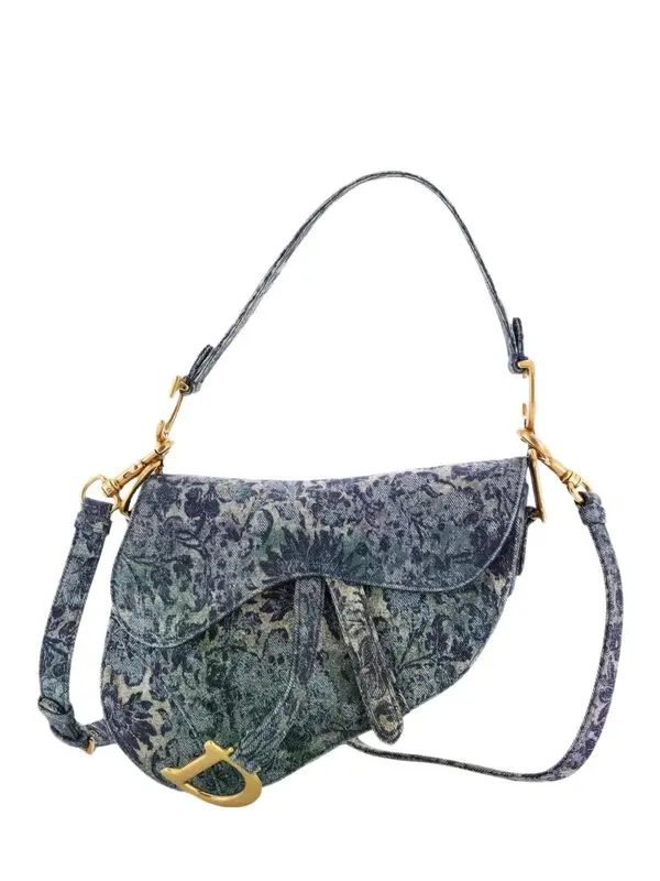 Dior Saddle Handbag Printed Denim Medium Shoulder Bag - Blue