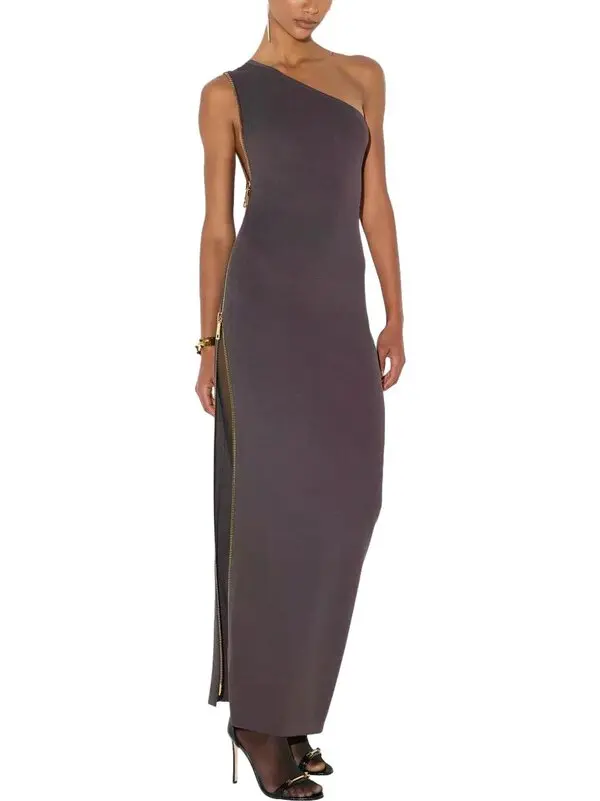 Elisabetta Franchi One-shoulder Knit Maxi Dress With Side Zip Detail - Brown