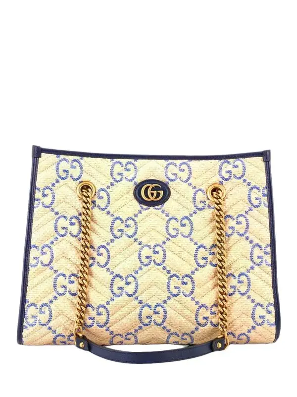 Gucci Gg Marmont Aria Chain Shopping Jumbo Gg Matelasse Raffia Medium Tote Bag - Blue