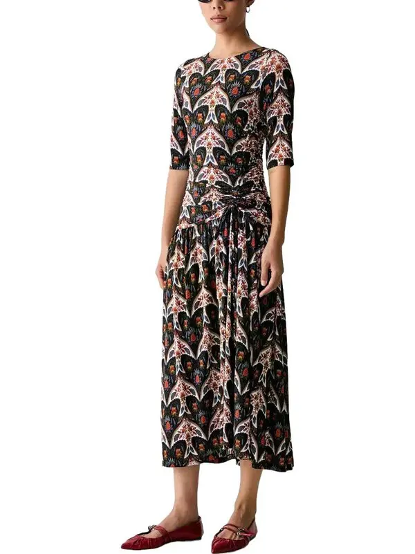 Farm Rio Graphic Print Gathered Midi Dress - Black