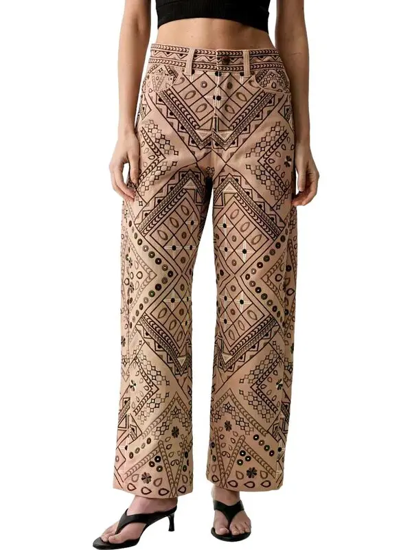 Farm Rio Geometric Embroidered Straight-leg Trousers - Neutrals