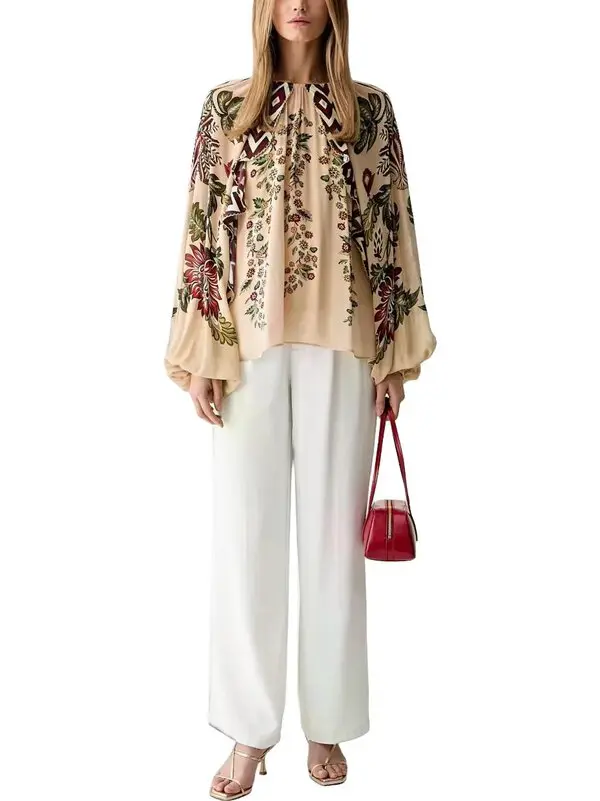 Farm Rio Floral Print Ruffled Blouse - Neutrals