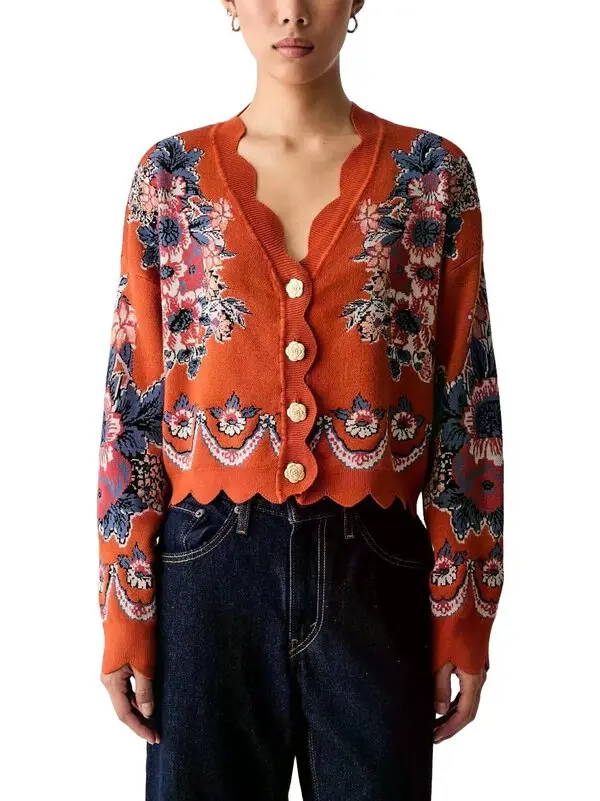 Farm Rio Floral Intarsia Scallop-edge Cardigan - Orange