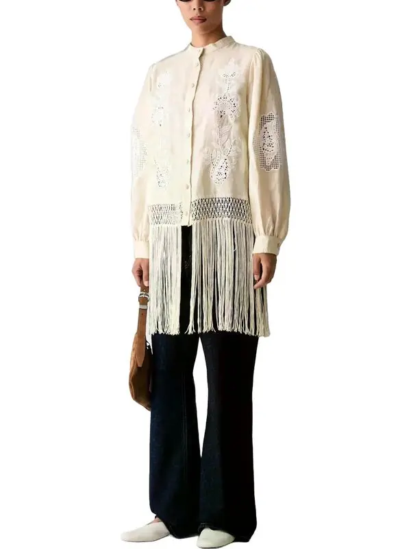 Farm Rio Fringed Broderie Anglaise Shirt - Neutrals