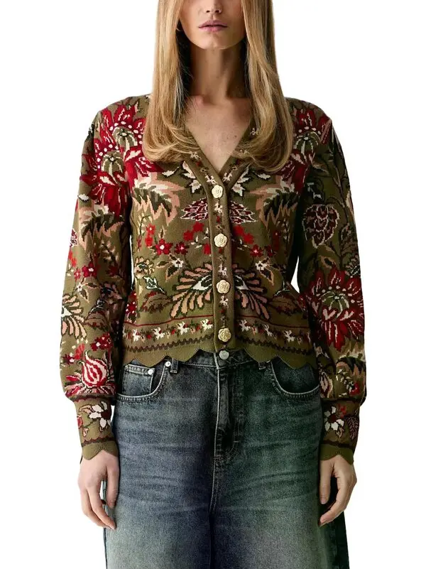 Farm Rio Floral Pattern Scallop-hem Cardigan - Green