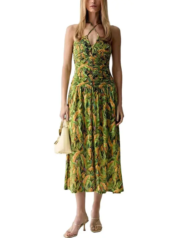 Farm Rio Graphic Print Ruched Midi Dress - Green