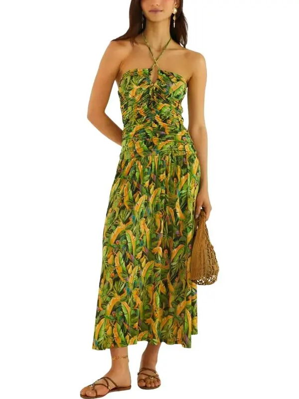 Farm Rio Graphic Print Ruched Midi Dress - Green