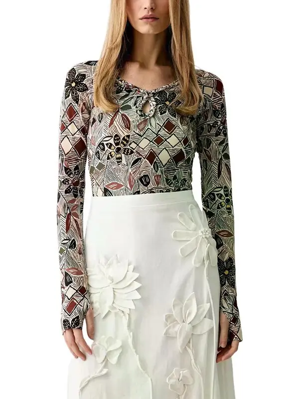 Farm Rio Floral & Geometric Print Keyhole Neck T-shirt - Neutrals