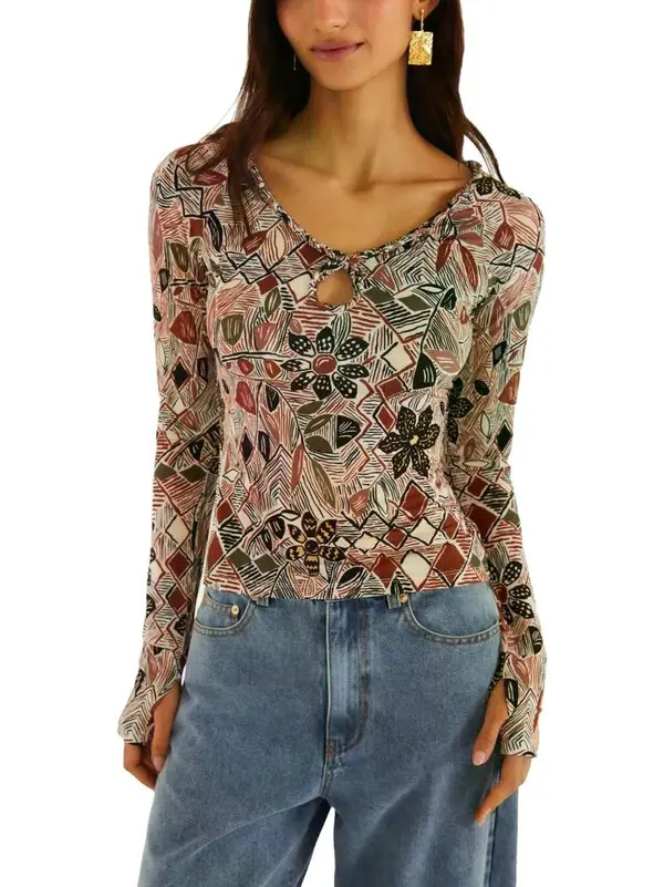Farm Rio Floral & Geometric Print Keyhole Neck T-shirt - Neutrals