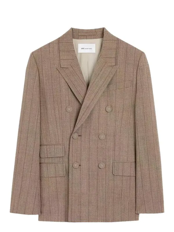 AMI Paris Double Breasted Striped Wool Blazer - Brown