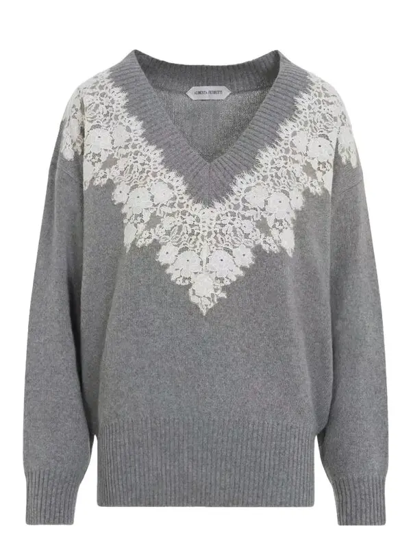 Alberta Ferretti Lace-trim V-neck Sweater - Grey