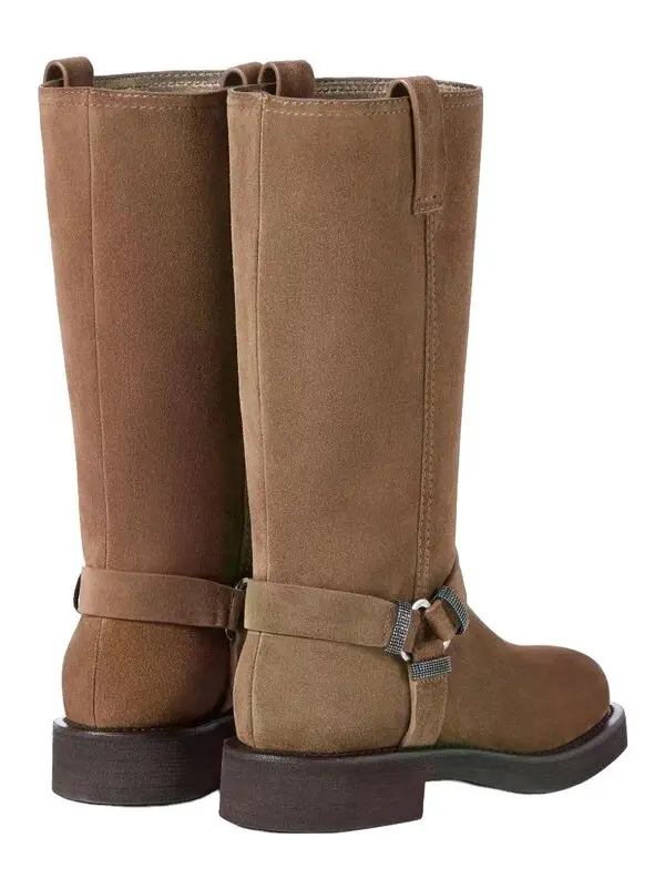 Brunello Cucinelli Suede Biker Boots With Shiny Loops - Brown