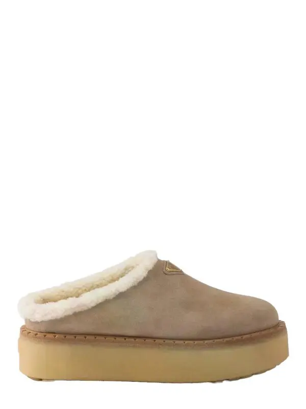 Prada Suede Shearling Lined Slippers - Neutrals