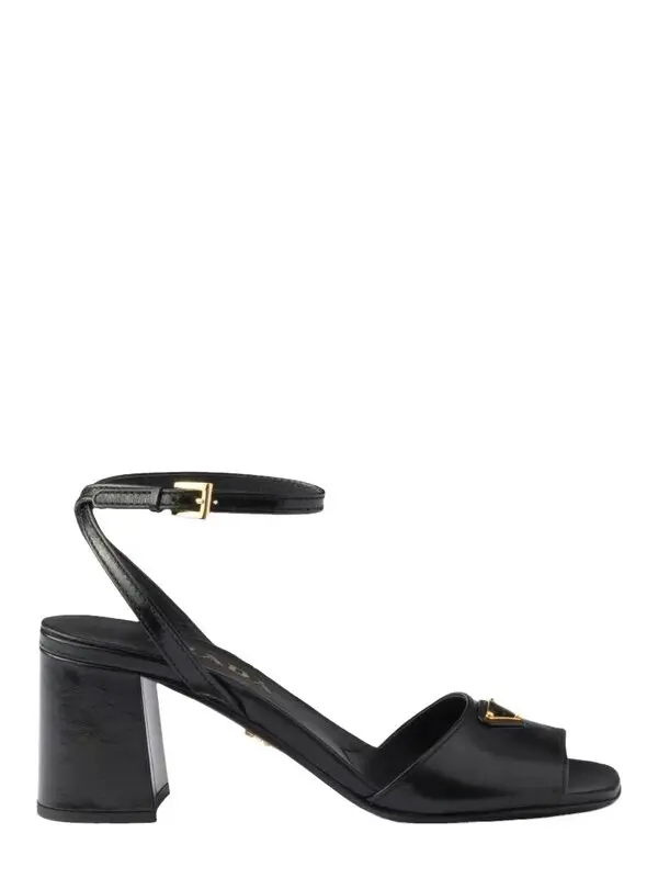 Prada Leather Heeled Sandals With Ankle Strap And Triangle Logo - Black