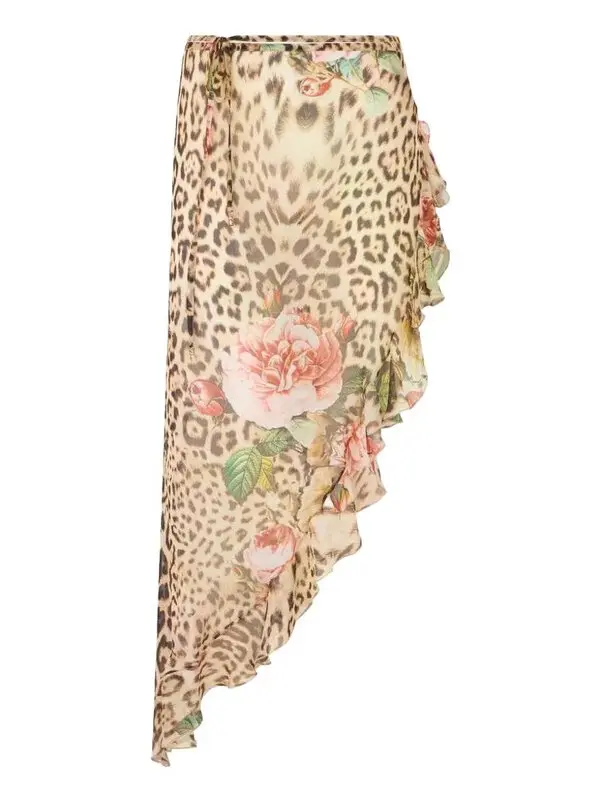 Roberto Cavalli Leopard And Floral Print Ruffled Midi Skirt - Neutrals