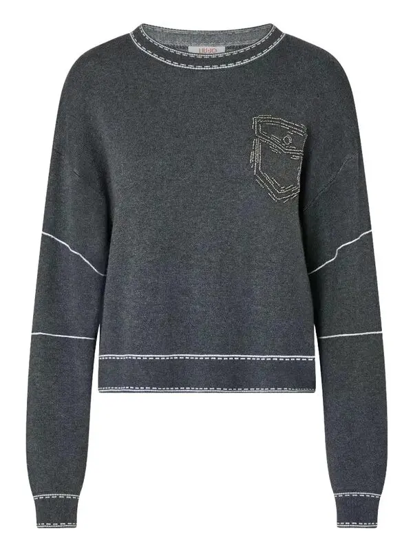 Liu Jo Sweater With Contrast Stitching And Embellished Pocket - Grey