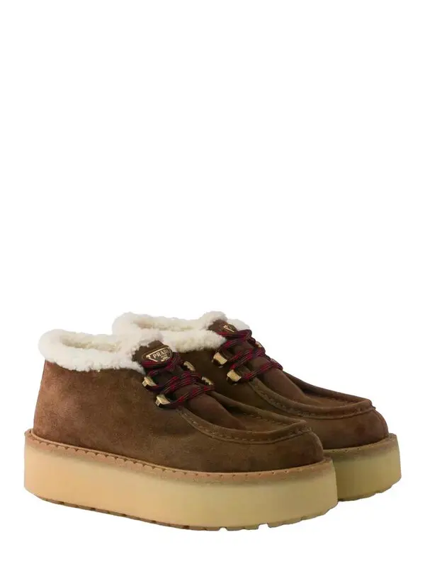 Prada Shearling Lined Suede Lace-up Flatform Boots - Brown