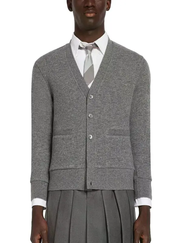 Thom Browne Cashmere Waffle Knit V-neck Cardigan - Grey