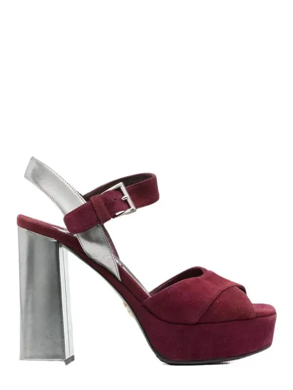 Prada Suede Crossover Strap Block Heel Sandals - Red