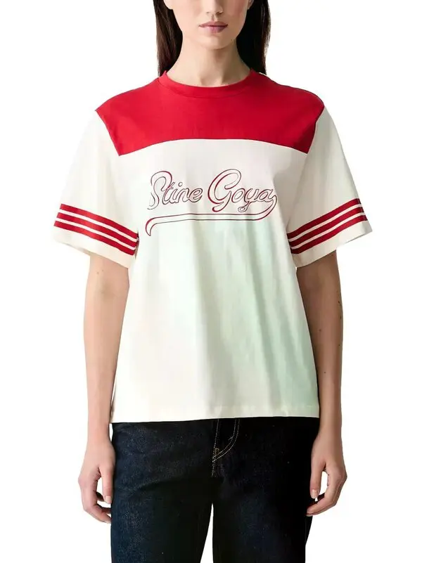 Stine Goya Logo Print Striped Sleeve T-shirt - Neutrals